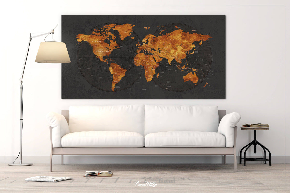 World Map CANVAS Print Extra Large Copper World Art Push Pin Travel Ma ...